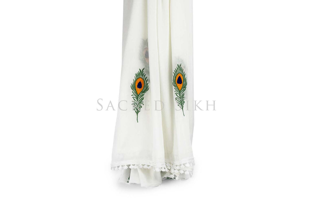 Chuni White Peacock Design with White Lace – Sacred Sikh